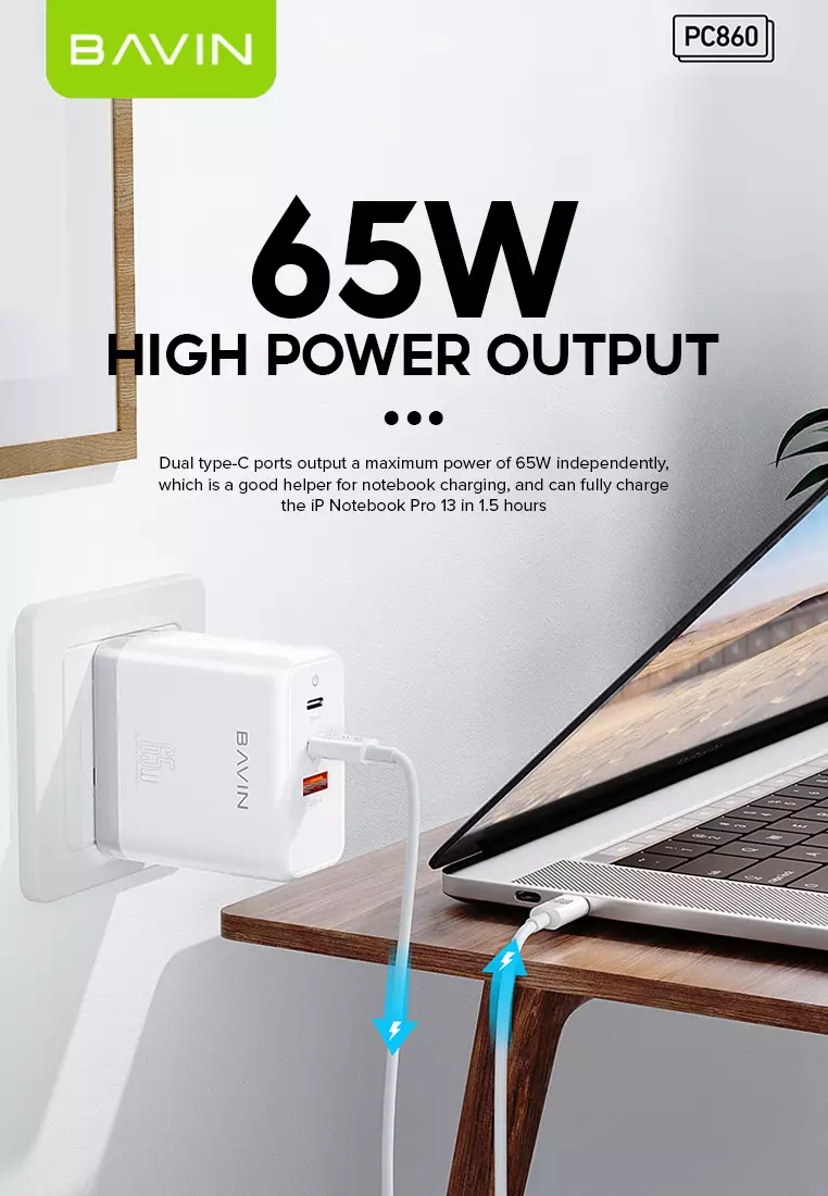 Buy BAVIN PC860 65W GaN Fast Charger Adapter 2 PD USB-C Ports + 1 USB ...
