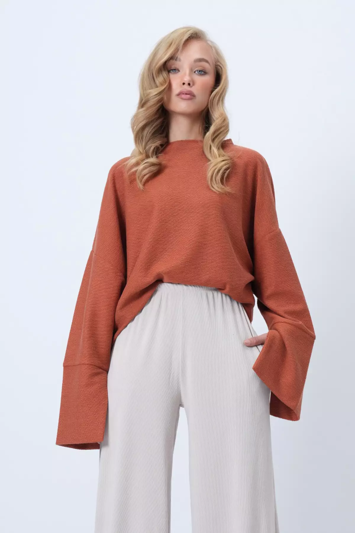 Buy Alacati Women's Tile Stand Collar Batwing Sleeve Cuff Slit Wide Cut ...