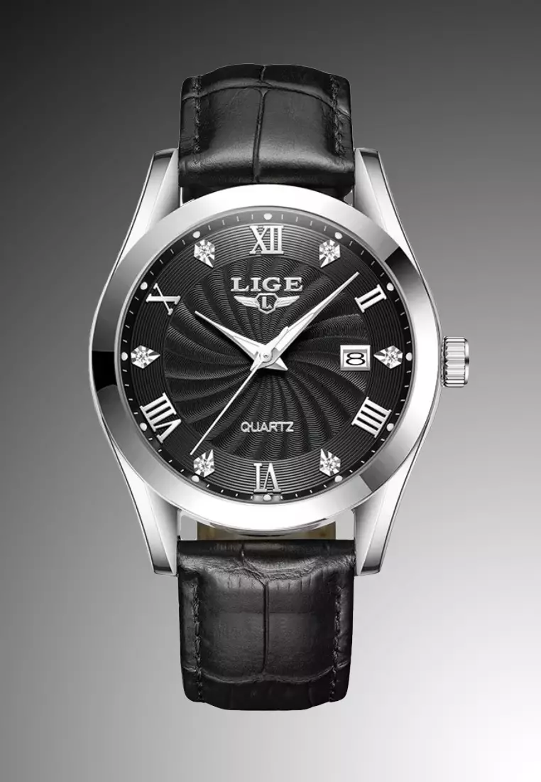 LIGE Unisex Classic Steel Quartz Watch with Date, Black dial, on Black ...