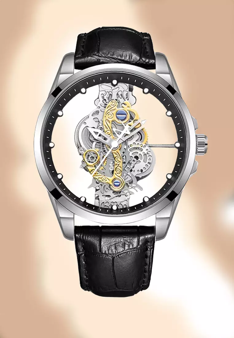 Buy EGLANTINE Round Skeleton Alloy Quartz Watch on Black Leather strap ...