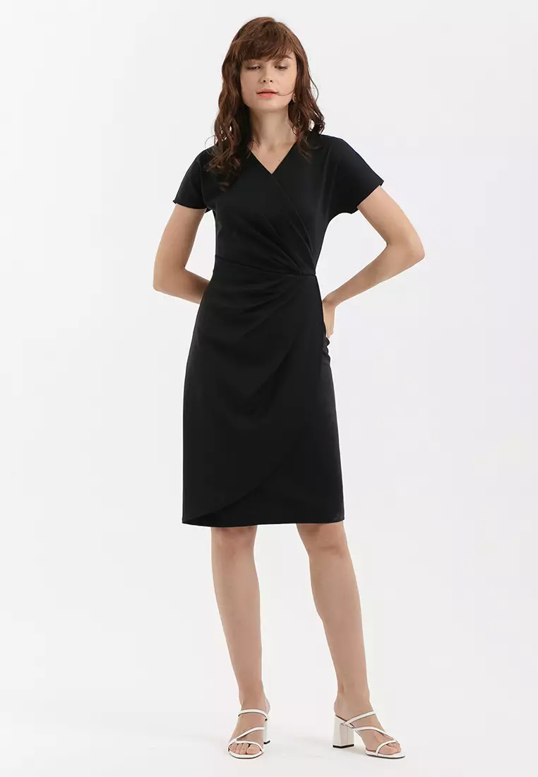 Jual Cloth Inc Pleated Overlap Scuba Dress in Black Original 2025 ...