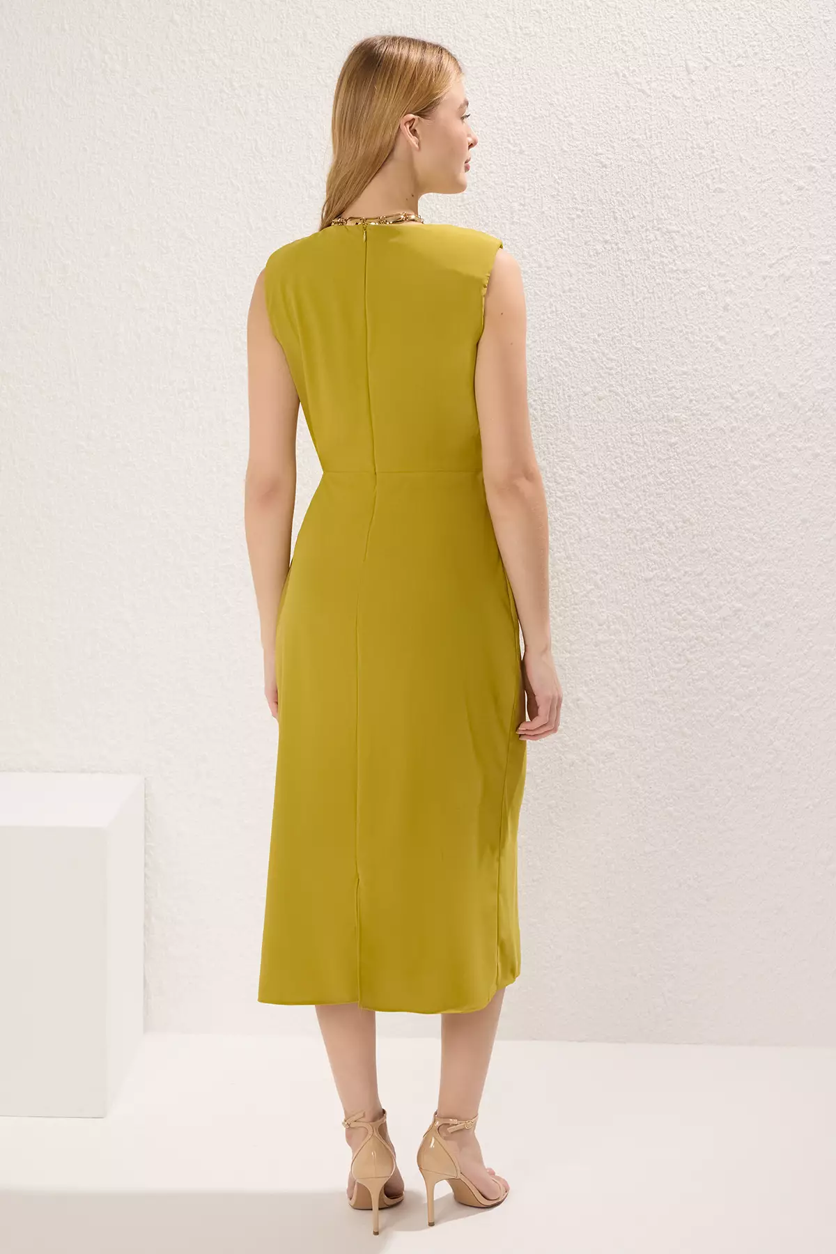 Buy Trendyol Oil Green Flat Body Wrap Accessory Midi Woven Dress ...
