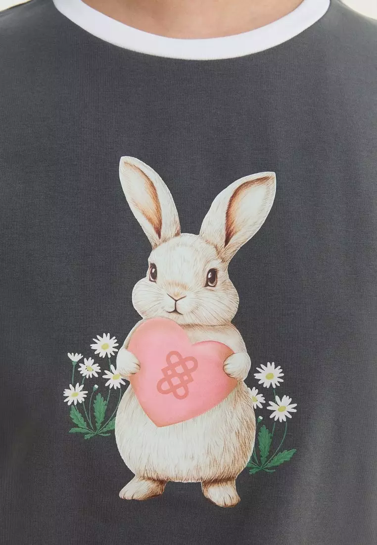 Buy Pomelo Bunny Graphic Contrast Trim Tee - Grey 2026 Online | ZALORA