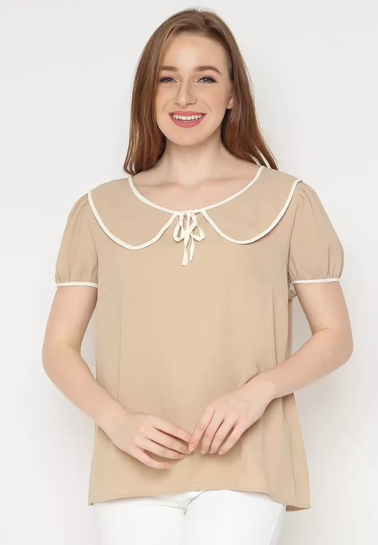 Jual Mobile Power Short Sleeve Blouse Brown Mobile Power Ladies ...