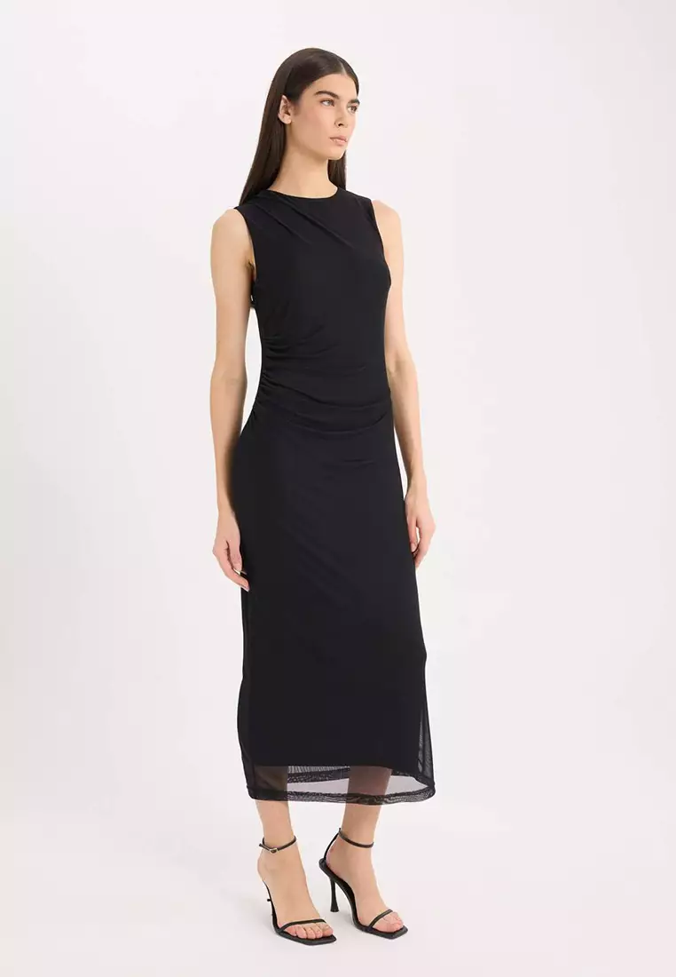 Buy DeFacto Bodycon Body Hugging Round Neck Basic Plain Tulle ...