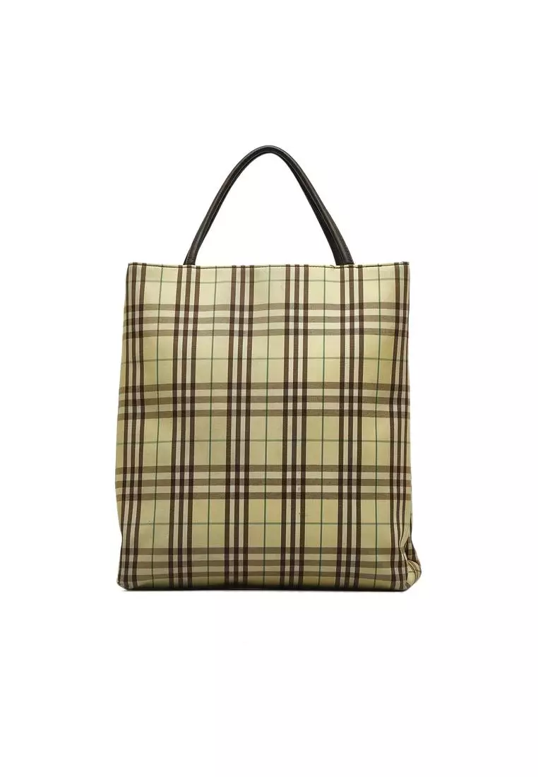 Buy Burberry Pre-Loved Plaid Canvas Tote Bag with Rolled Leather ...