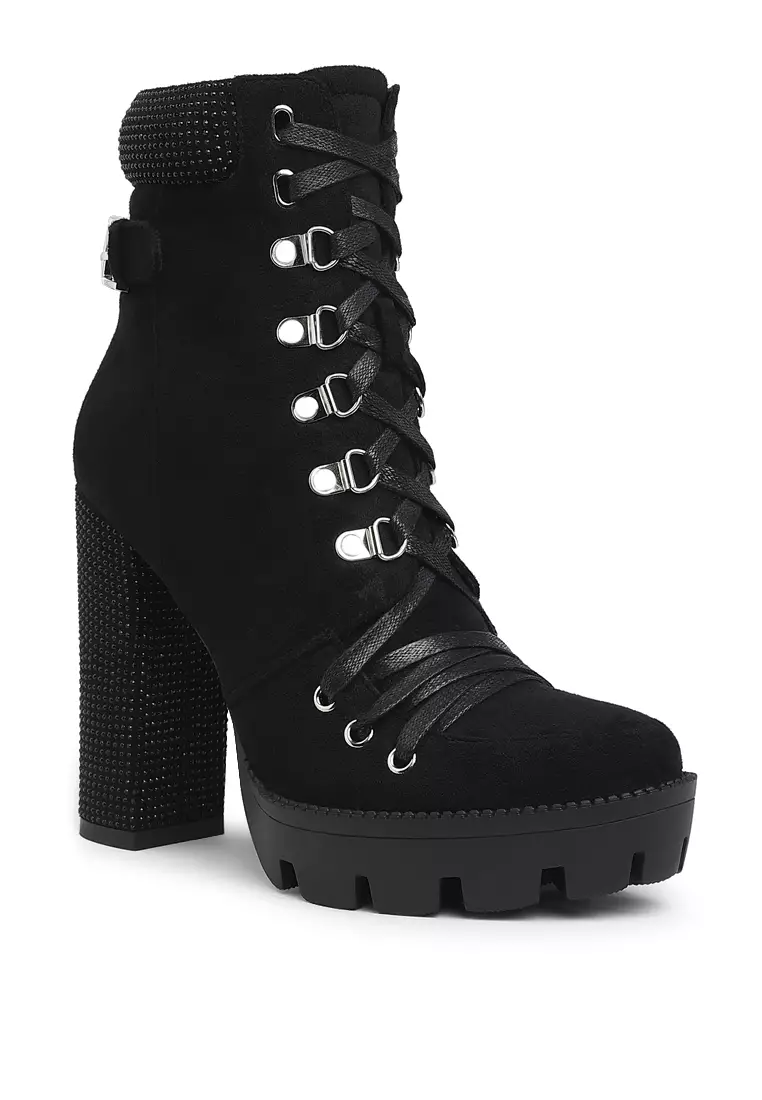 Jual London Rag Sepatu bot hak blok hitam dengan berlian imitasi ...