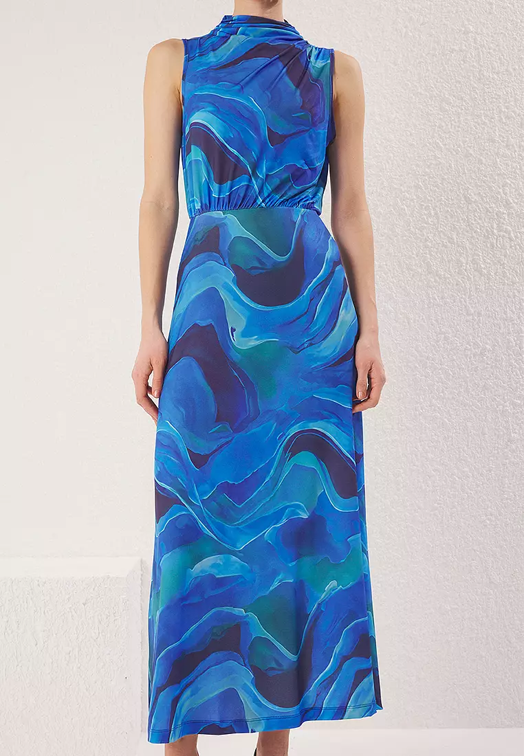 Buy Trendyol Blue Abstract Printed Stand Collar Draped Waist Opening ...