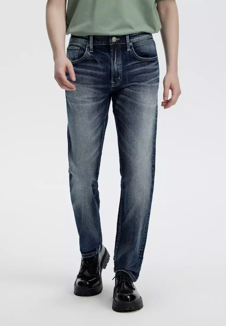 Chevignon Men's V57 Slim Taper Dark Mid Tone Distressed Jeans 2025 ...