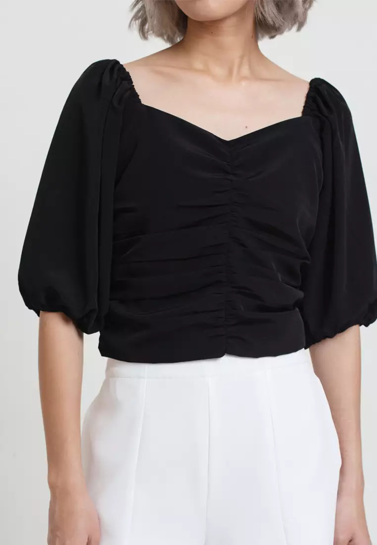 Jual Cloth Inc Ruched Puff Sleeve Blouse in Black Original 2025 | ZALORA Indonesia