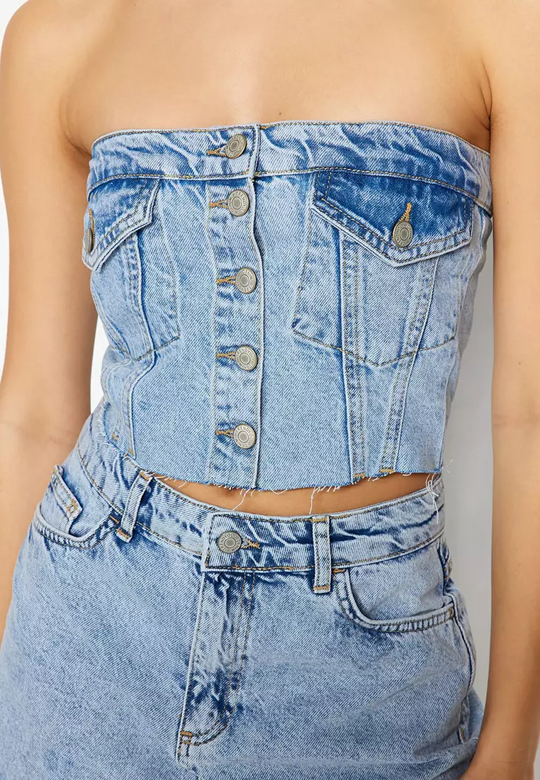 Jual Trendyol Strapless Denim Bustier Original 2024 | ZALORA Indonesia