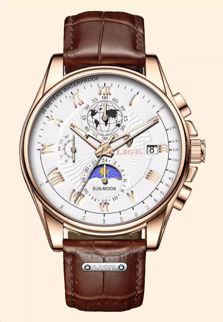 LIGE Chronograph Unisex 42mm IP Rose Gold Color Stainless Steel Quartz ...