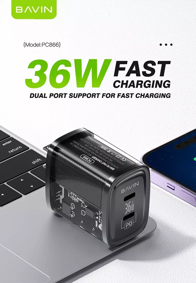 Buy BAVIN PC866 36W Fast Charging Charger Dual Pd Type-C Port ...