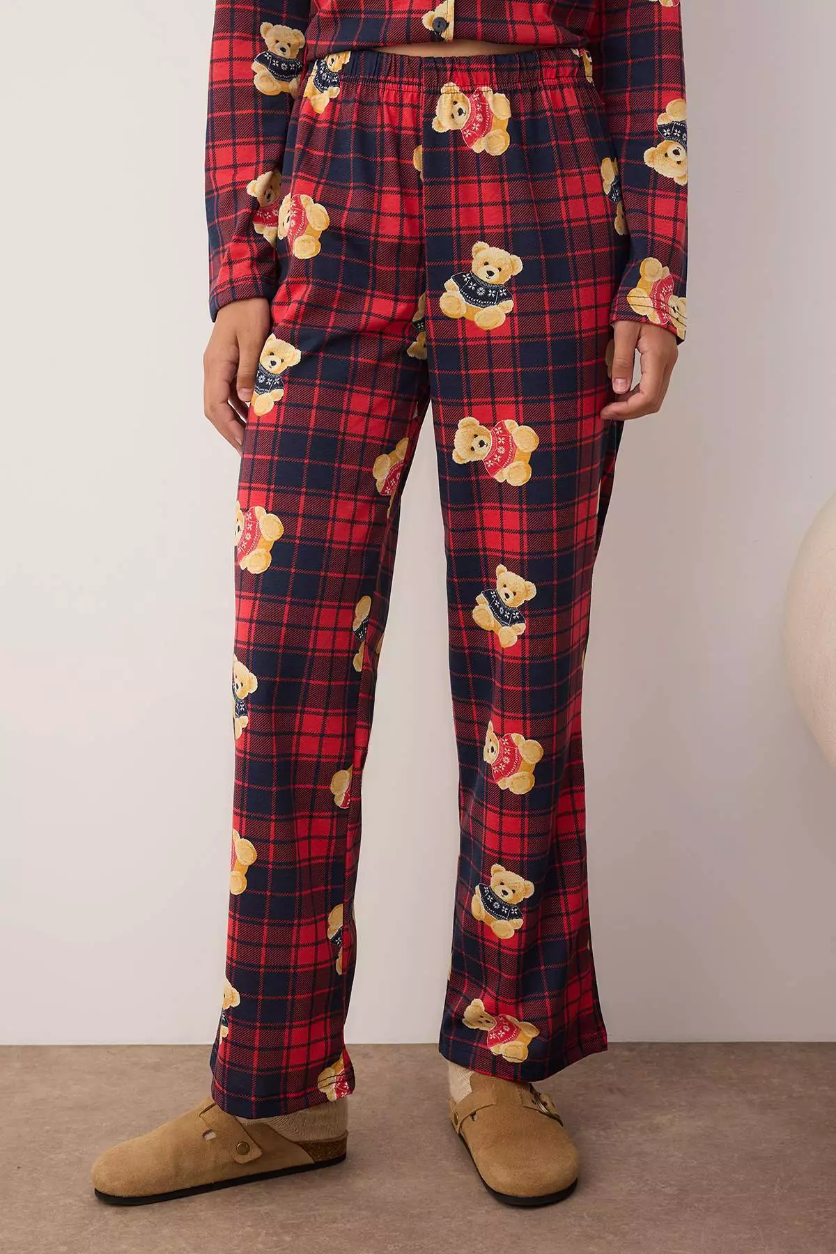 Buy Trendyol Navy Blue-Red Plaid Teddy Bear Patterned Knitted Pajama ...