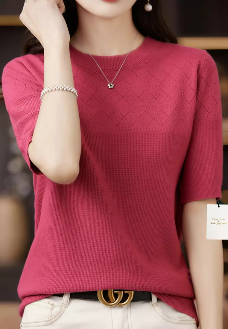 Buy HAPPY FRIDAYS Rhombus Hollow Out Pattern Short Sleeve Knit Top JW ...