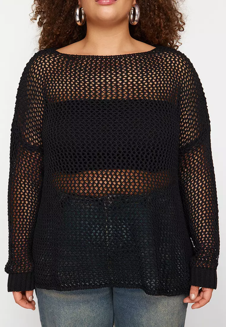 Buy Trendyol Plus Size Perforated Low Shoulder Knitted Sweater 2026 ...