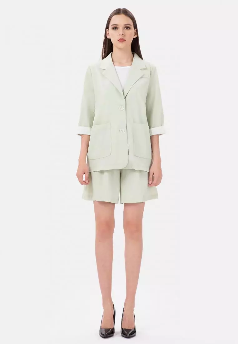 Jual MKY Clothing Mid Sleeve Pocket Blazer Set in Green Original 2026 ...