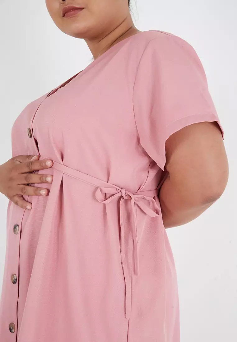 Jual Sorabel Aya V Neck Button Mini Dress Big Size Pink Original 2024 ...