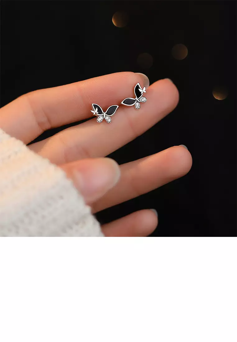 Buy SOEOES 925 Sterling Silver Simple Cute Butterfly Imitation Black Agate Stud Earrings with ...