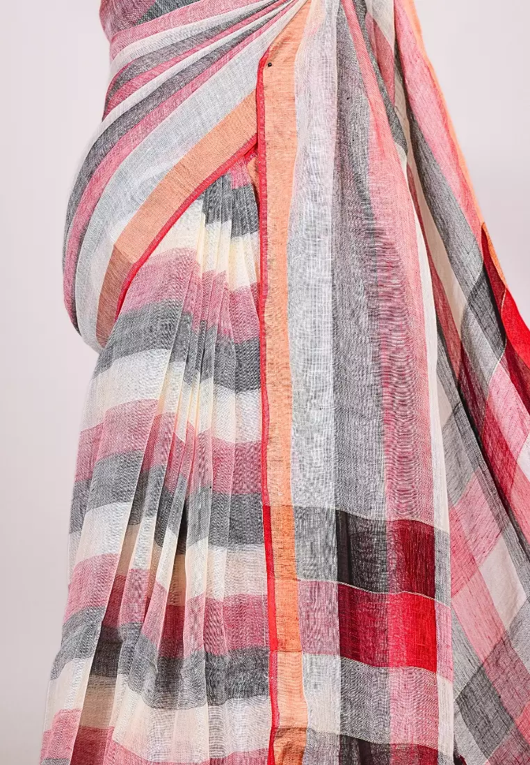 Buy Yeshan Sarees White Red Handloom Linen Checkered Body Bengal Saree ...