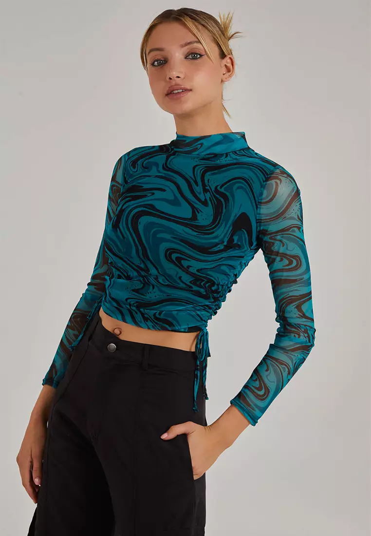 Buy Pink Vanilla Pink Vanilla Teal Marble Print Long Sleeve Top 2025 ...