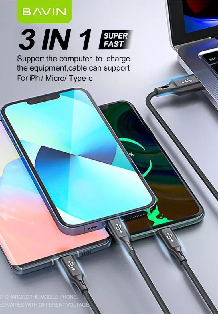 Buy BAVIN CB076 3 in 1 Fast Charging Cable 1.25 Meter Nylon Braided for ...