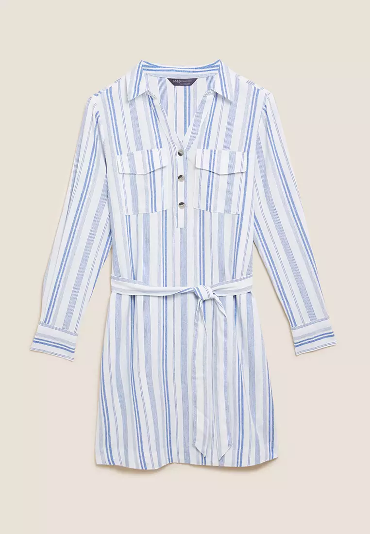 Jual Marks & Spencer Linen Rich Striped Knee Length Shirt Dress Original 2025 | ZALORA Indonesia