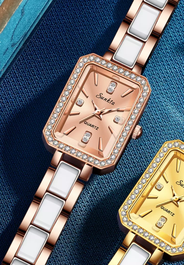 Buy LIGE SUNKTA White Ceramic Ladies Quartz Watch, 26x20mm, Crystal ...