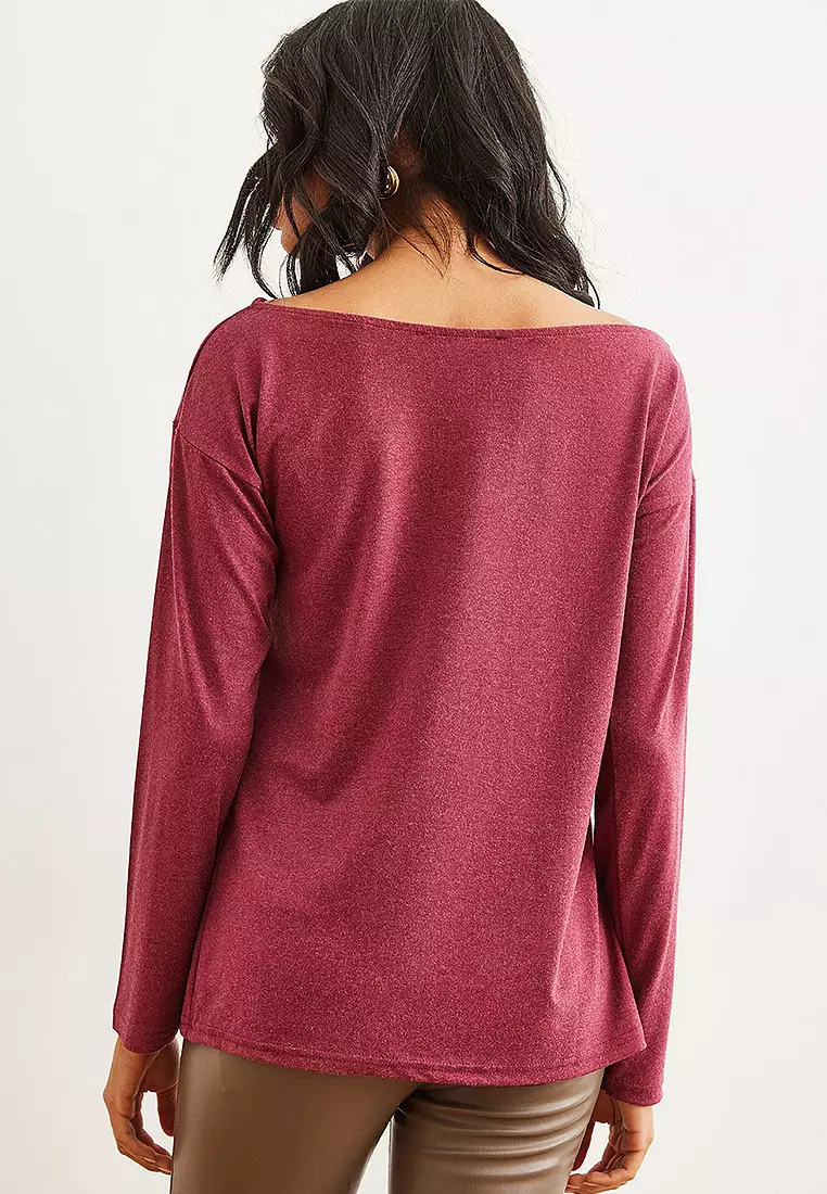 Buy Olalook Claret Red Boat Neck Wool Viscose Flowy Blouse 2025 Online ...
