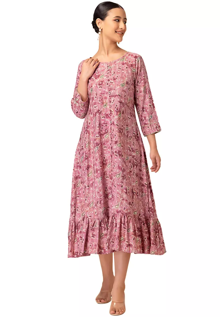 Buy Indya Pink Paisley Jaal Print Muslin Tiered Dress Online | ZALORA ...