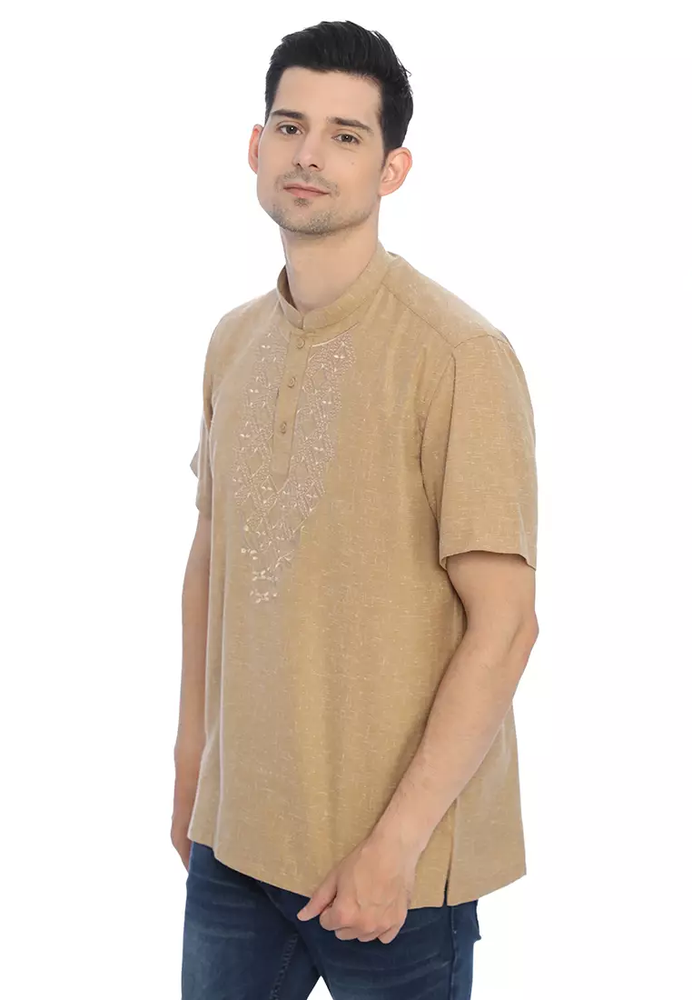 Jual Hassenda Koko Linen Border Pria Lengan Pendek Al-Qadr Almond Buff ...