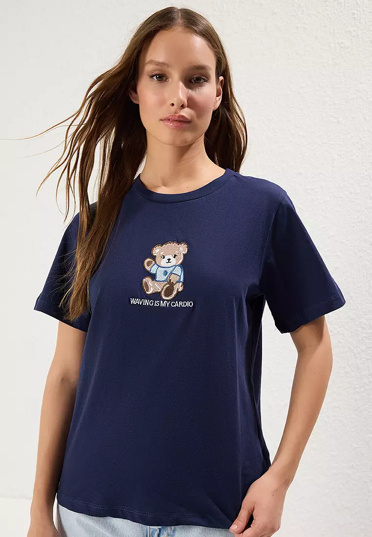 Buy Trendyol Navy Blue Regular/Normal Pattern Teddy Bear Embroidered ...