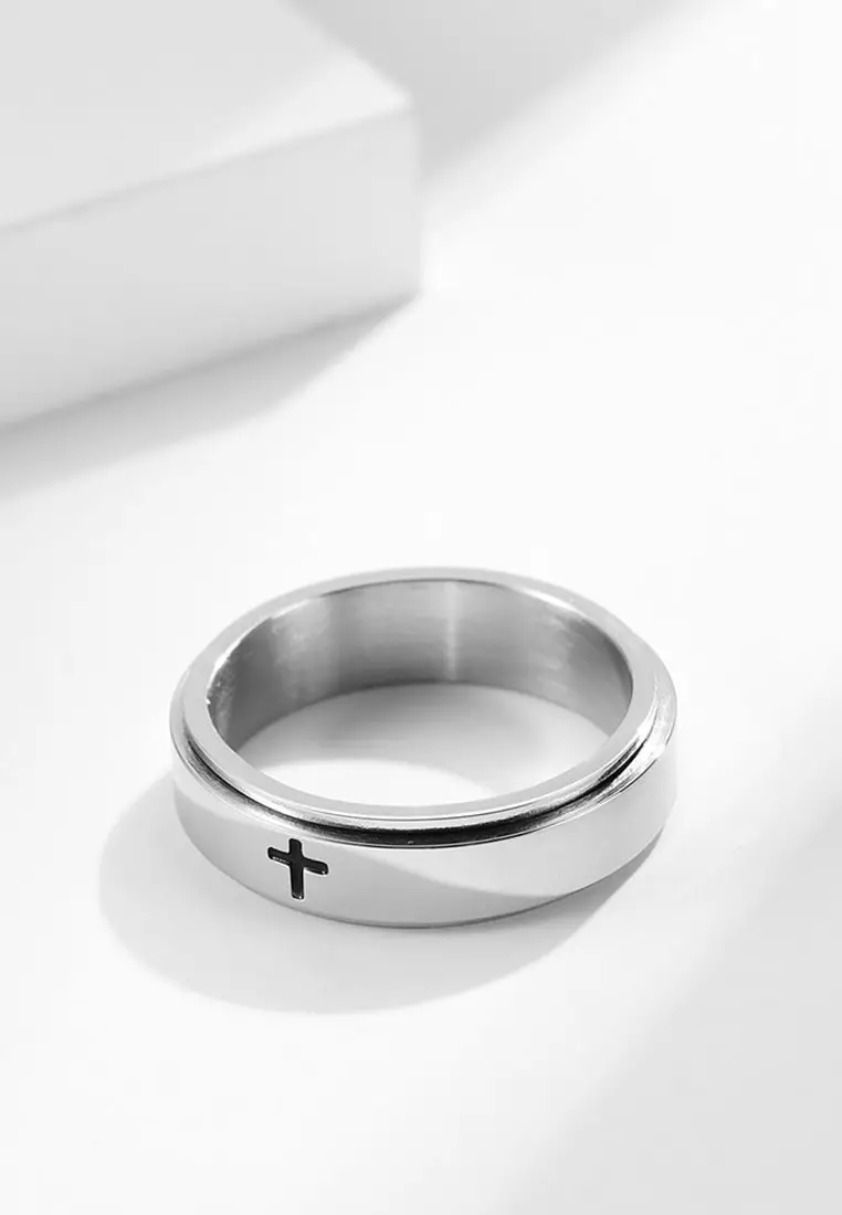 Buy HAPPY FRIDAYS Rotatable Design Minimal Cross Titanium Steel Ring JW ...