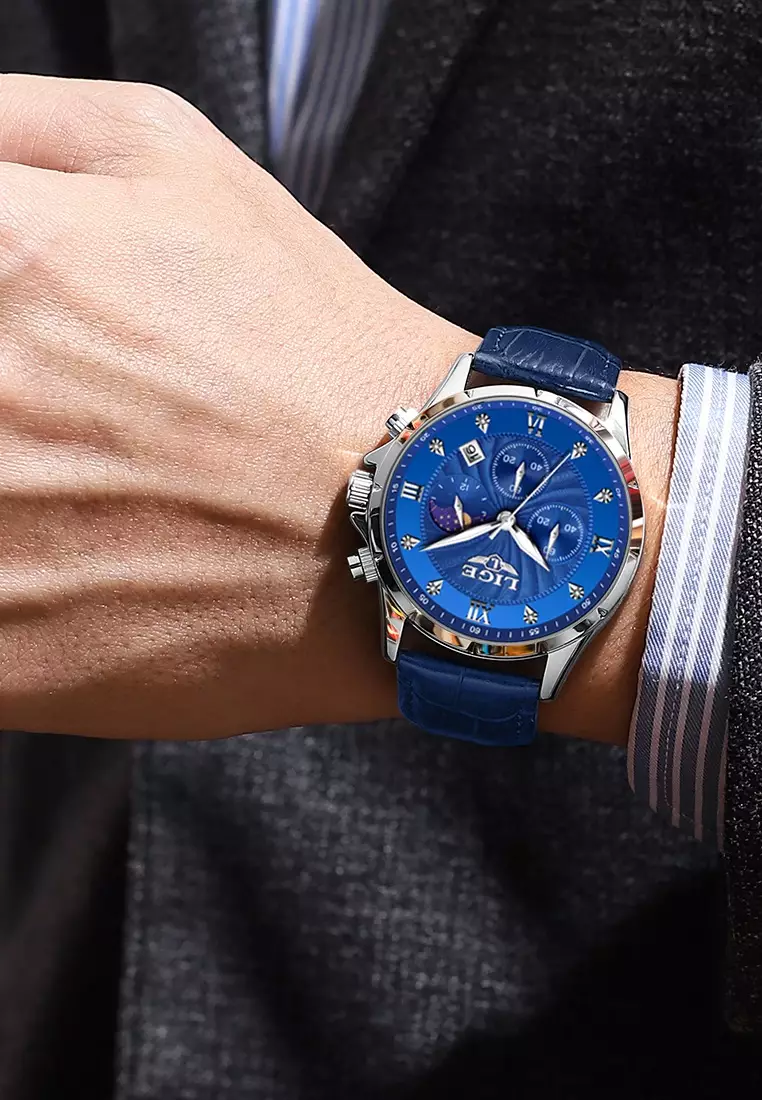 LIGE Chronograph Unisex Stainless Steel Quartz Watch, Blue dial, Blue ...
