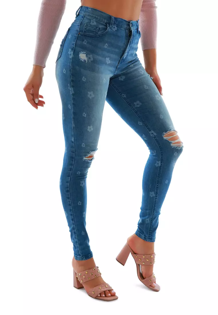 Buy London Rag Printed Ripped Slim Fit Blue Denim Pants 2026 Online ...