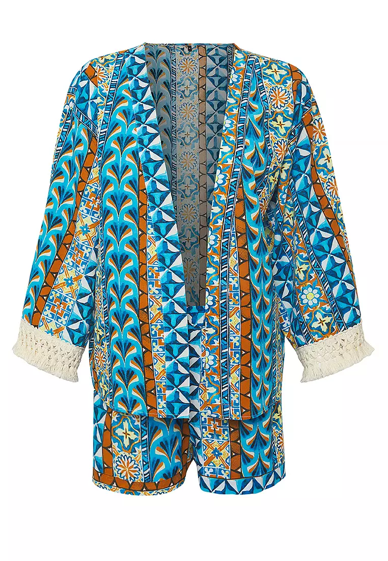 Buy Trendyol Ethnic Patterned Weaving Tassel Kimono Shorts Beach Suit ...