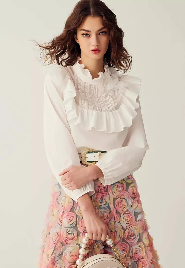 Buy iROO Ruffle Top With 3-D Mesh Floral Detail Online | ZALORA Malaysia