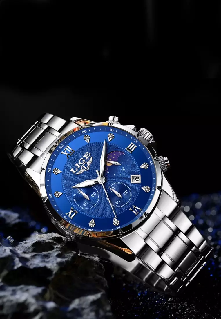 LIGE Chronograph Unisex Stainless Steel Quartz Watch, Blue dial, on ...
