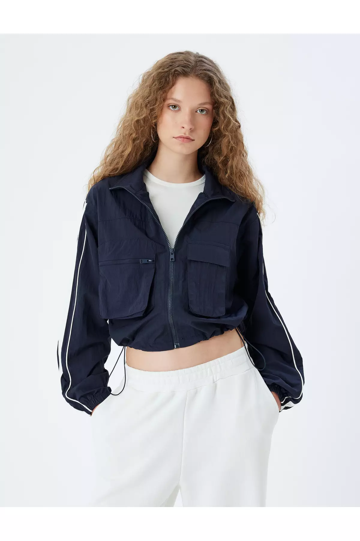 Buy KOTON Parachute Jacket Crop Zippered Piping Slim Fit Pocket ...