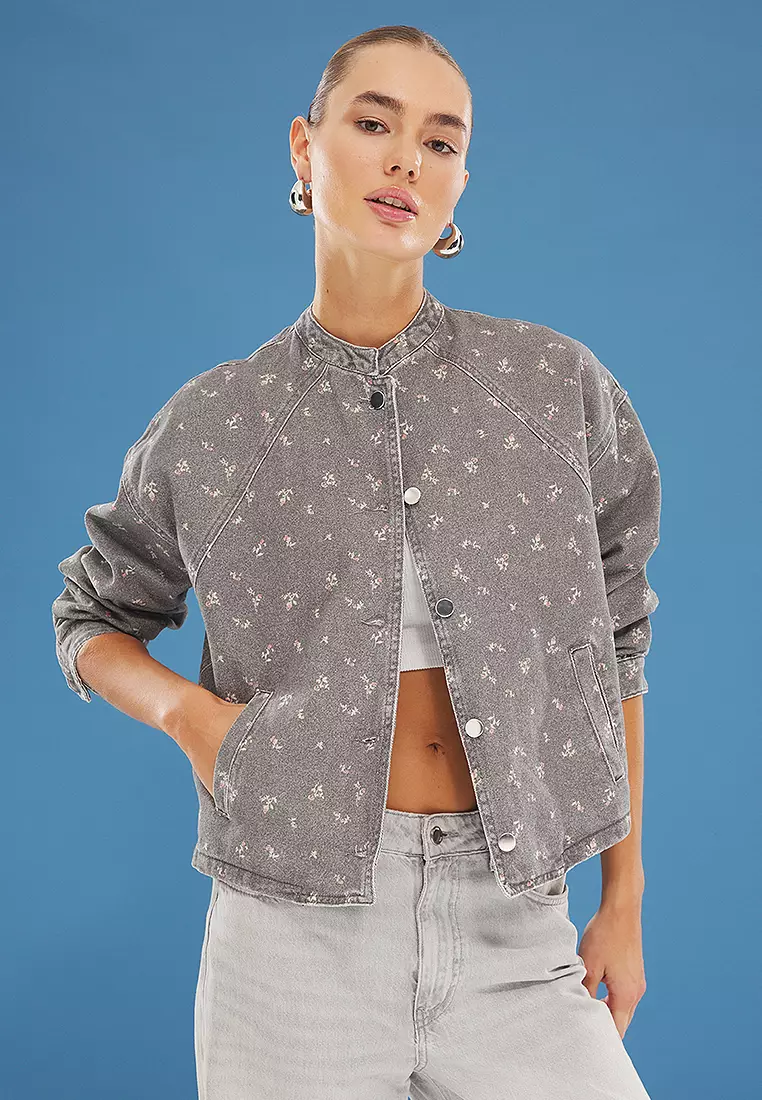 Buy Trendyol Grey Floral Pattern Oversize Denim Bomber Jacket Online ...