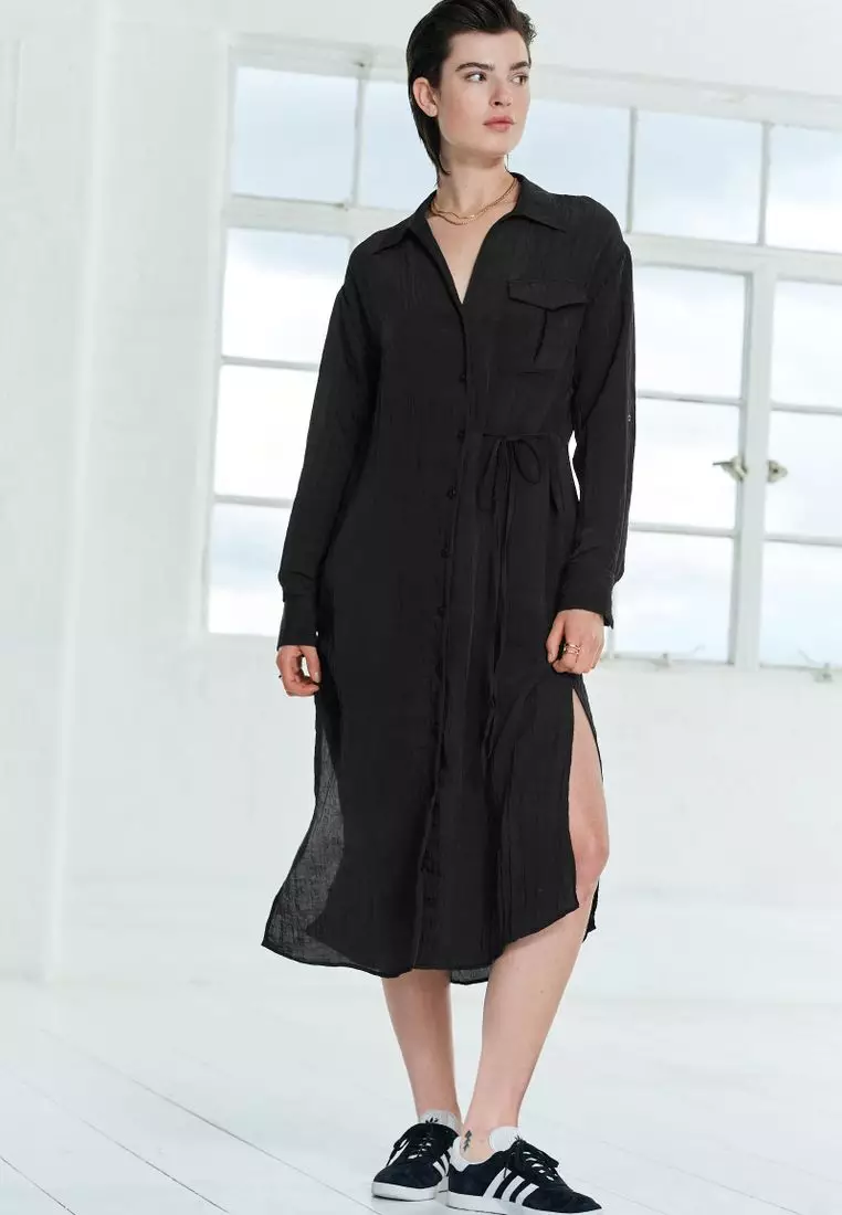 Buy NEXT Tie Front Long Sleeve Textured Utility Shirt Dress 2026 Online ...