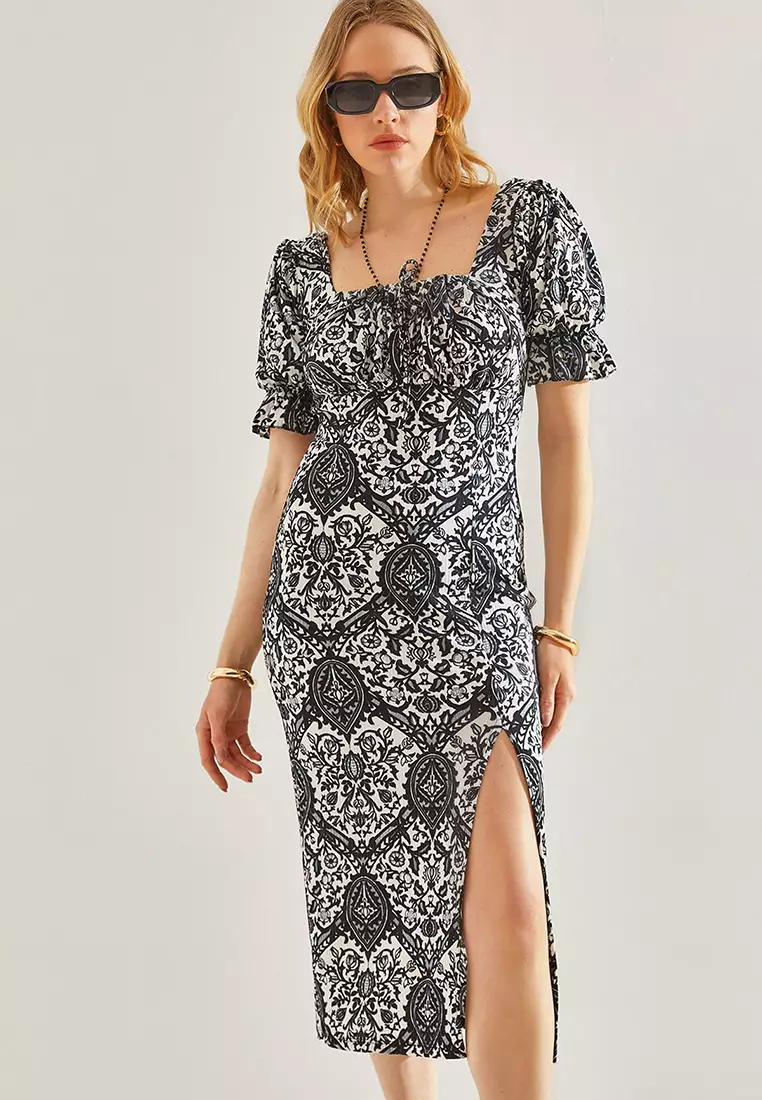 Buy Bianco Lucci Women's Square Neck Tie Front And Slit Dress With ...