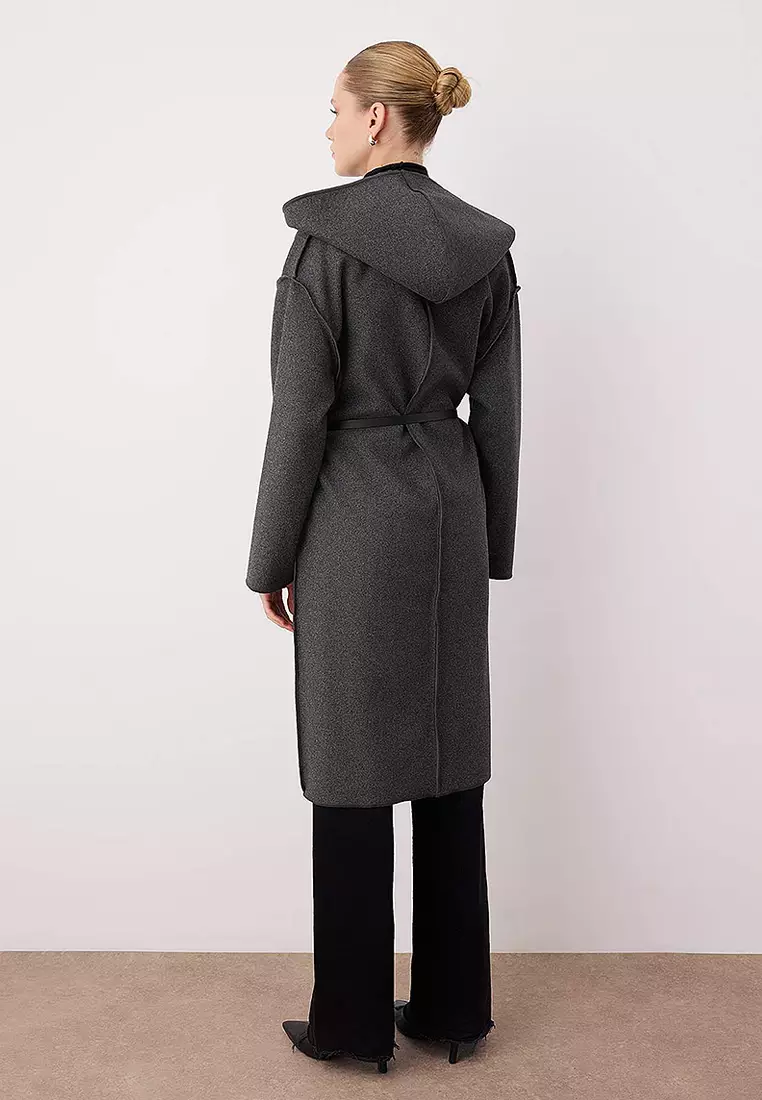 Buy Trendyol Hooded Belted Unlined Soft Textured Oversize Long Cashmere ...