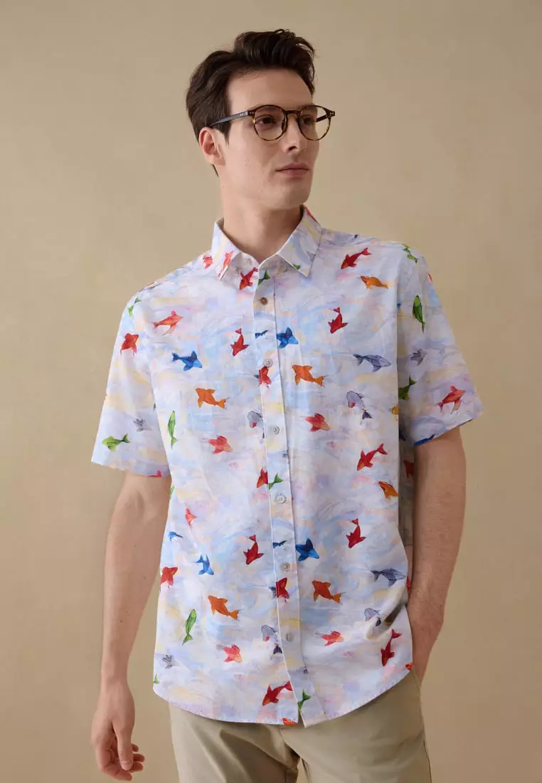 Buy G2000 G2000 Wrinkle Free Oxford Koi Printed Smart Fit Short Sleeve ...