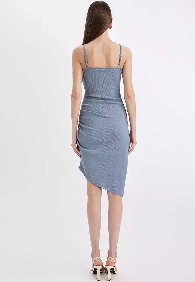 Buy DeFacto Bodycon Body-Hugging V Neck Draped Crepe Strappy Midi Dress ...