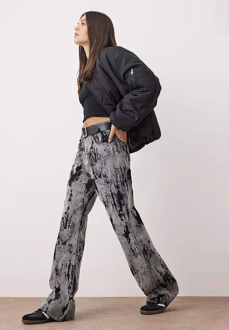 Jual Trendyol Suede Look Flock Printed High Waist Wide Leg Jeans ...
