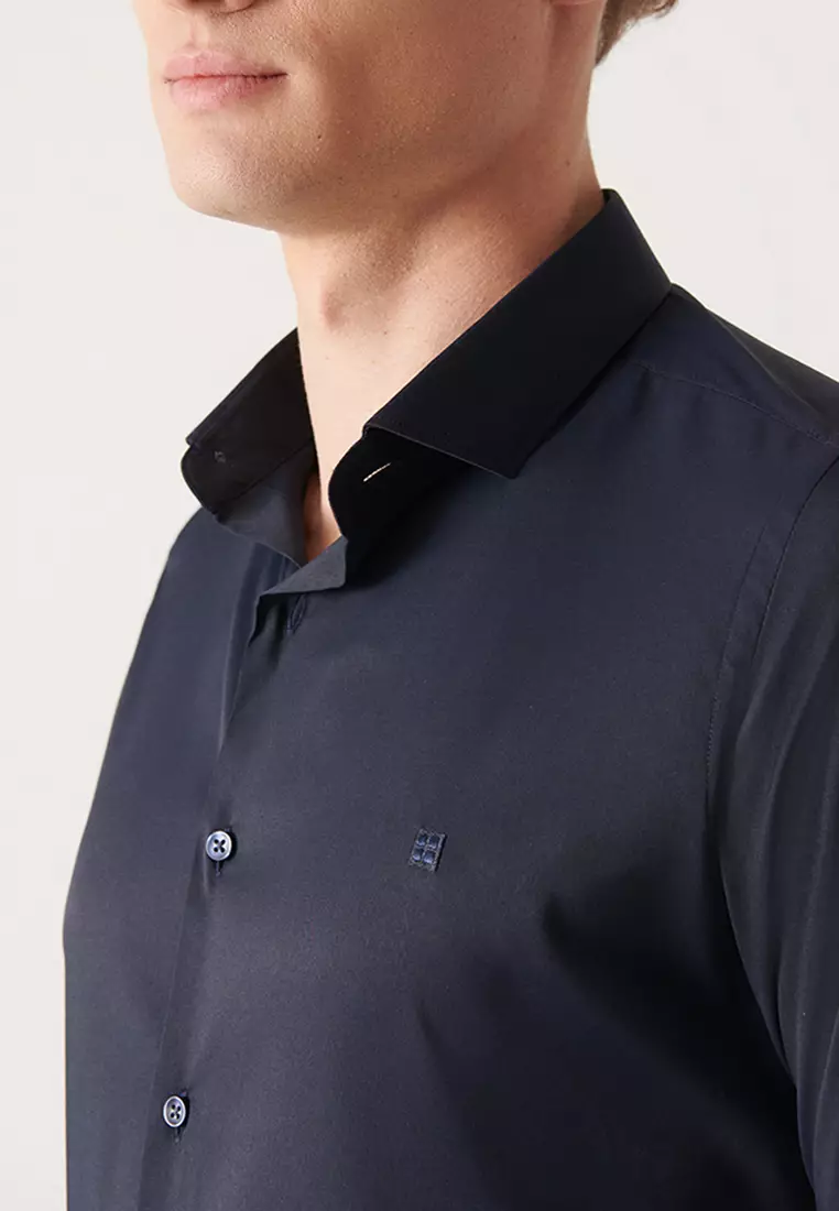 Buy Avva Mens Navy Blue Wrinkle Free Travel Slim Fit Shirt 2024 Online ...