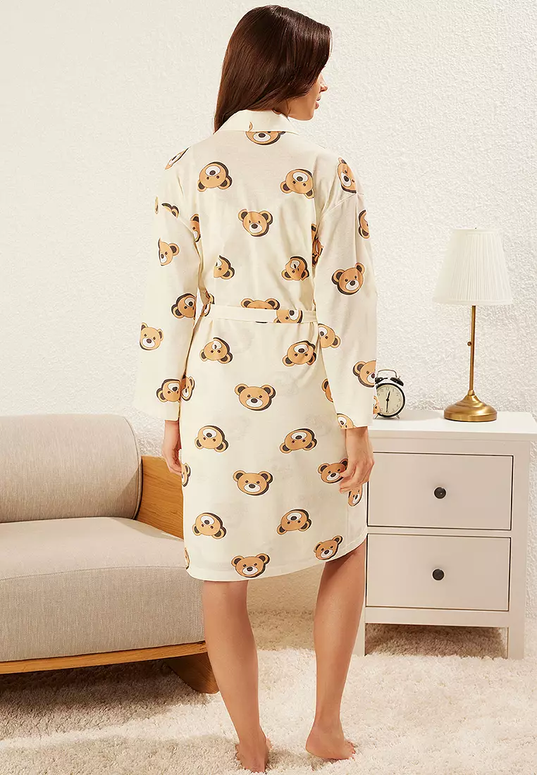 Buy Trendyol Ecru 2-Pack Belted Teddy Bear Patterned Knit Dressing Gown ...