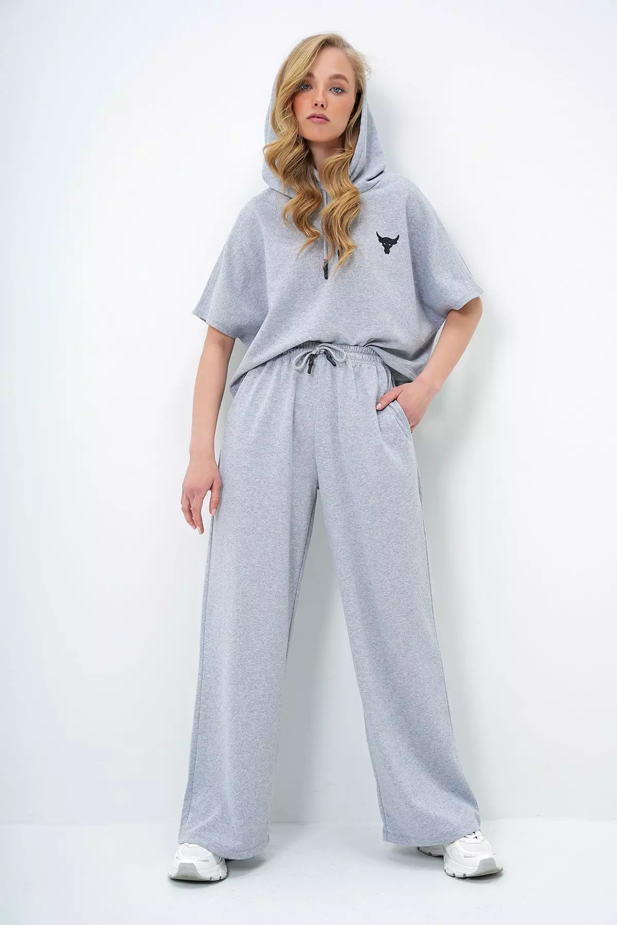 Alacati Women's Gray Hooded Oversize Crop And Double Pocket Pants Set ...