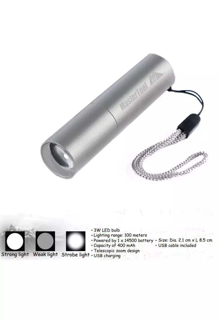 MasterTool Mini USB Rechargeable Bright Flashlight-Silver, 100 Lumens ...